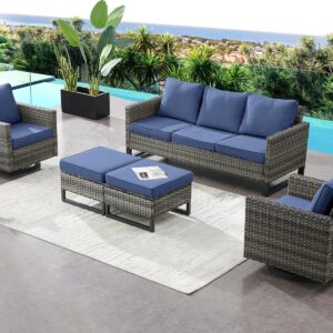 HUMMUH 5 Piece Patio Furniture Set Outdoor Sectional Sofa,PE Wicker Patio Swivel Rocker Chairs with Ottomans for Porch,Garden,Backyard