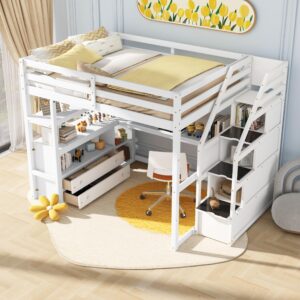 Full Loft Bed with Stairs and Desk, Wood Loft Bed Frame with Storage Cabinet, High Loft Beds with Drawers & Shelf for Kids, Juniors, Teen, Boys, Girls, White