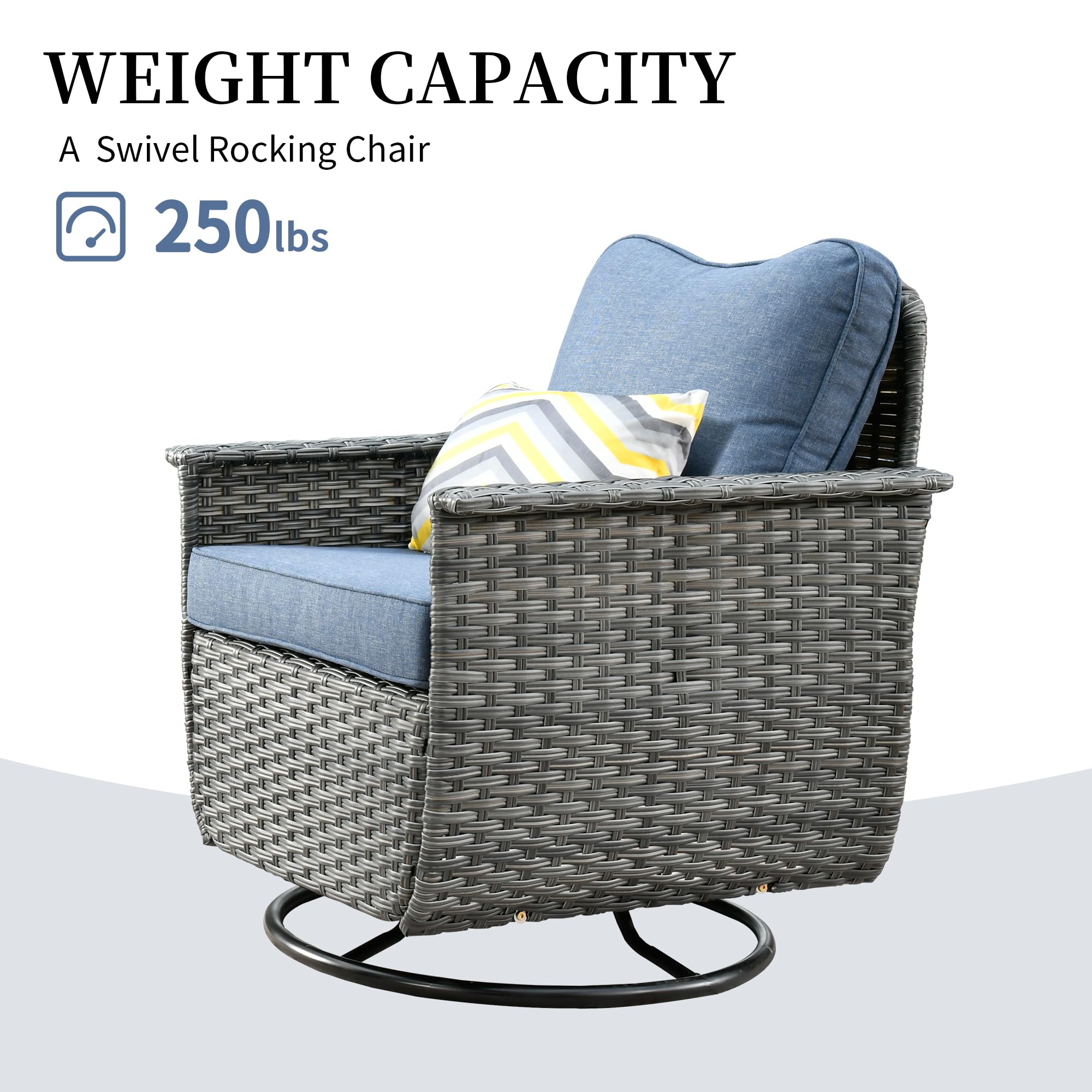 ovios 3 Pieces Patio Rocking Swivel Chairs with Side Table, Outdoor Wicker Rattan Rocker Chair of 2 with High Back Comfy Cushions for Porch Deck Garden (Grey Wicker-Denim Blue)