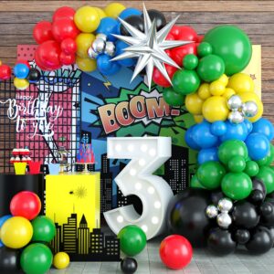 black red yellow green balloon garland arch kit, colorful with black red blue yellow green metallic silver balloons supplies for birthday, carnival, superhero, robot blocks, video game themed party