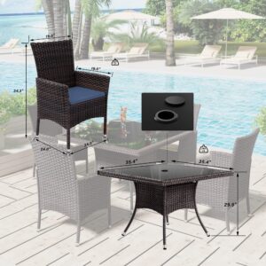 ASJMR 5 Pieces Dining Sets for 4 with Rattan Wicker Dining Set Chairs and Square Table Glass Top with Umbrella Cutout, Outdoor and Indoor Set for Patio, Backyard, Garden, Poolside, Kitchen-Dark Blue