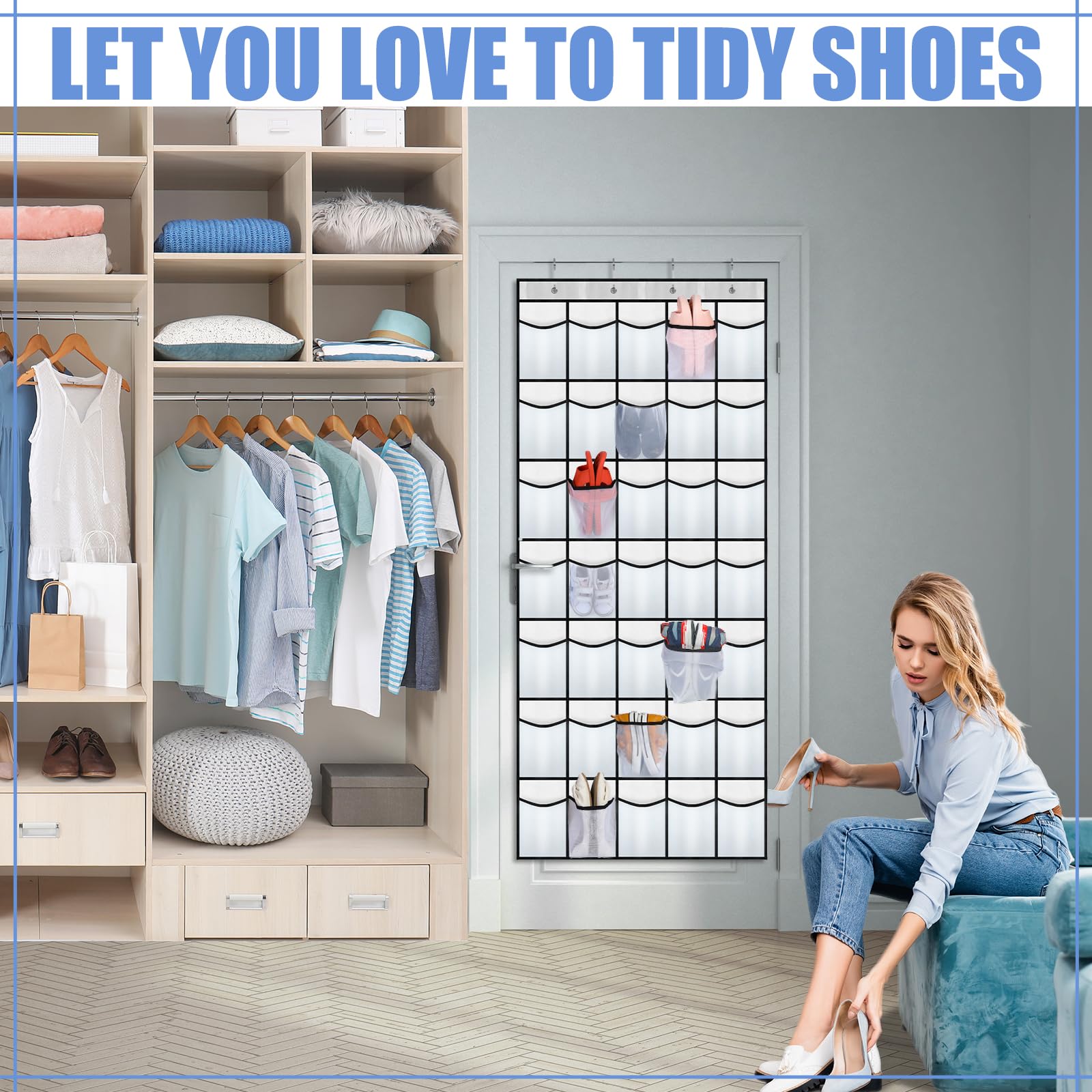 Windyun 2 Pcs 70 Large White Mesh Pockets over the Door Shoe Organizer Shoe Rack Closet Holder Behind Door Shoe Hanger Hanging Cruise Ship Essentials Organizer Nonslip, Each with 35 Pockets