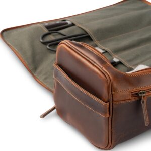 Angus Stoke premium leather knife bag-case, XXL chef's roll bag with huge storage space and extras - waxed vintage buffalo leather, Arvid (Walnut-Brown)