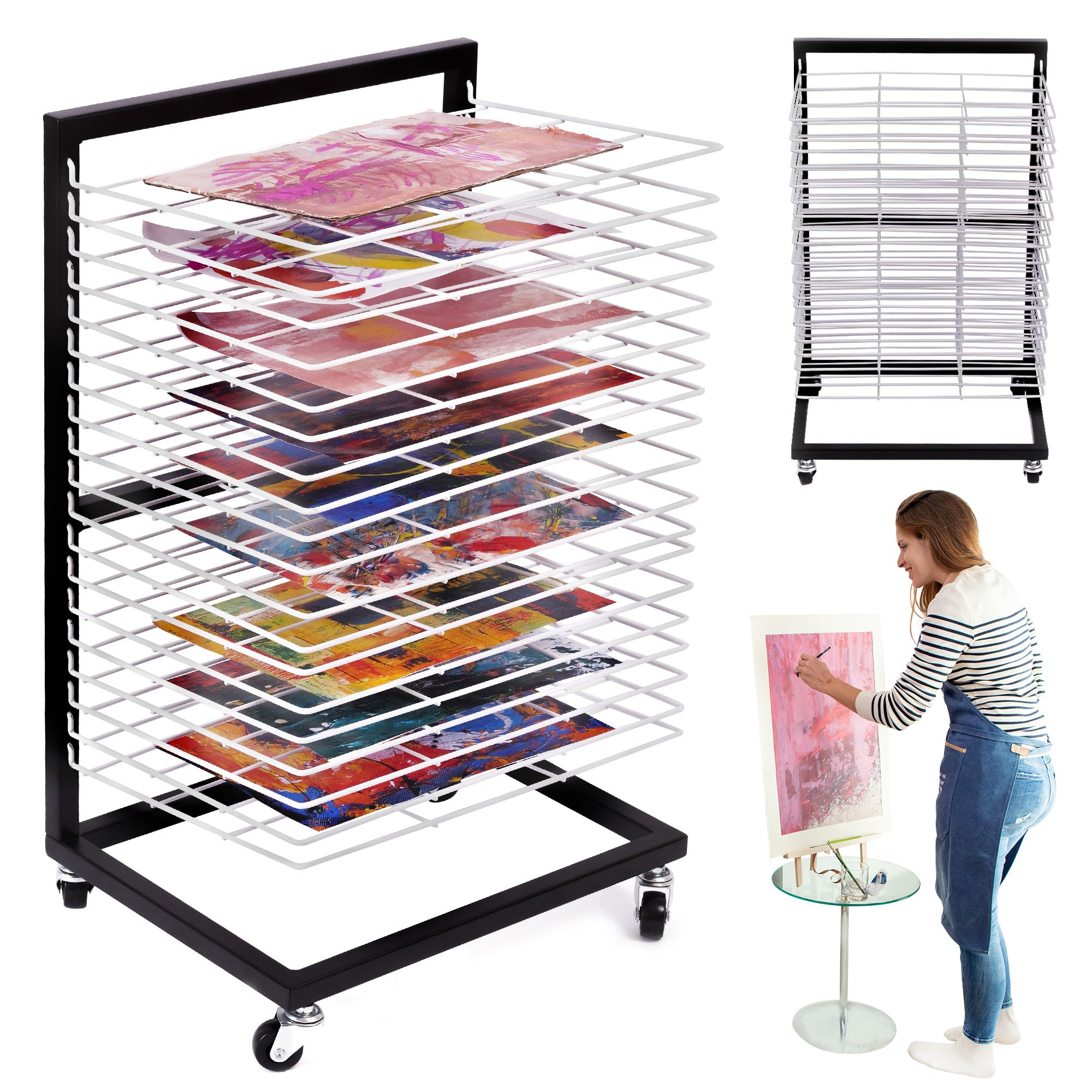 ODOXIA Art Drying Rack for Classroom | Functional & Mobile Paint Drying Rack | 19 Removable Shelves | Canvas Rack Art Storage | Painting Drying Rack with Wheels | Stack Rack for Painting, and More