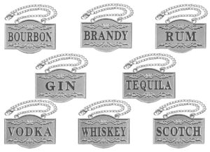 decanter tags - liquor tags (set of 8, gorgeous silver) liquor decanter label:gin, vodka, bourbon, whiskey, brandy, rum, scotch, tequila - tags for liquor bottle, adjustable chain, 2.36 x 1.57 inches