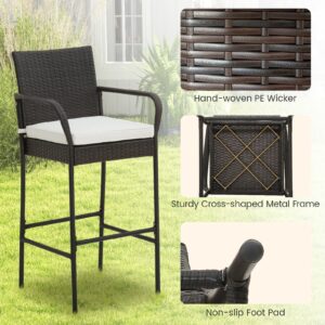 HAPPYGRILL Wicker Bar Stools Set of 4, Bar Chairs with Armrests, Footrests, Seat Cushions, Outdoor High Back Bar Stools for Patio Balcony Poolside