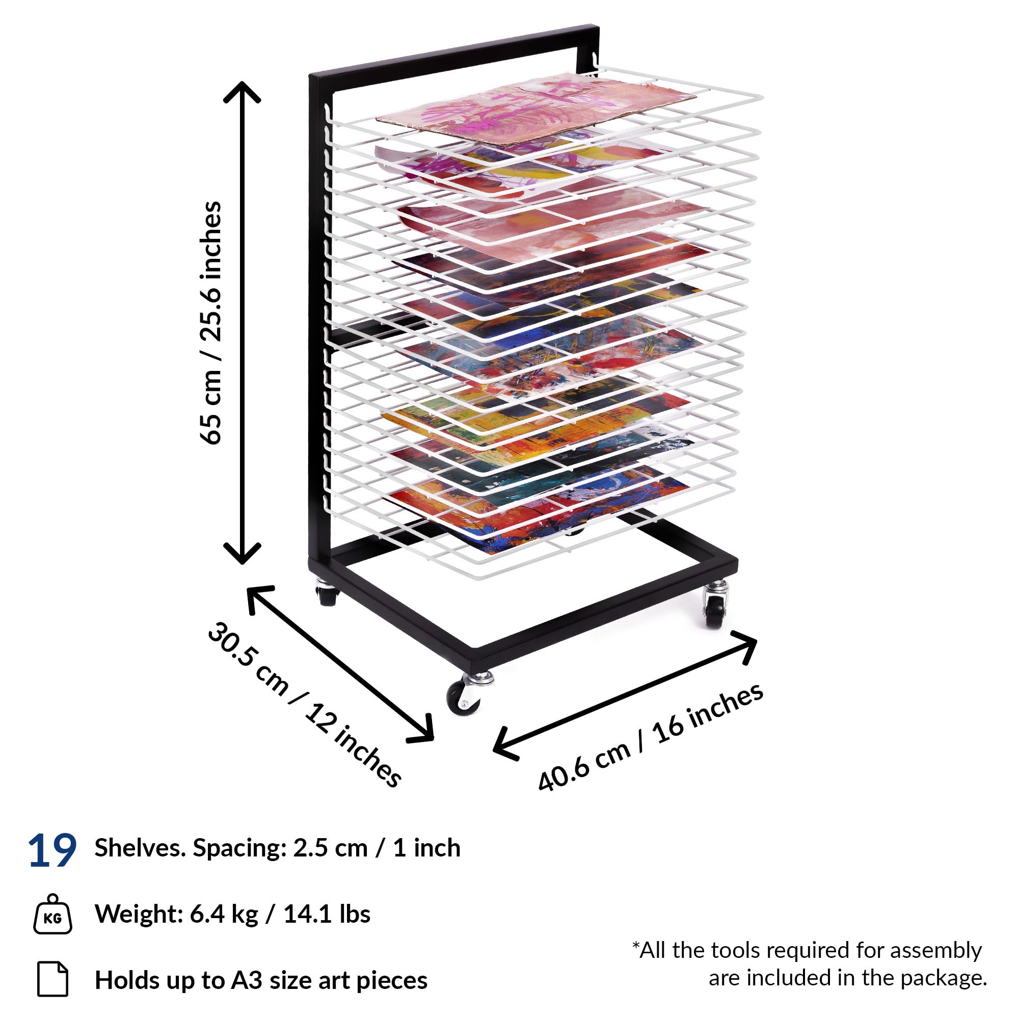 ODOXIA Art Drying Rack for Classroom | Functional & Mobile Paint Drying Rack | 19 Removable Shelves | Canvas Rack Art Storage | Painting Drying Rack with Wheels | Stack Rack for Painting, and More