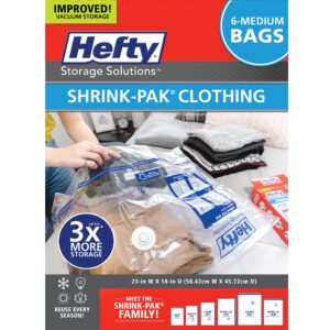 hefty shrink-pak vacuum storage bags – for clothes, pillows, towels, blankets & more – space saver vacuum suction sealer bags for home or travel – 6 medium bags, 23 x 18 inches