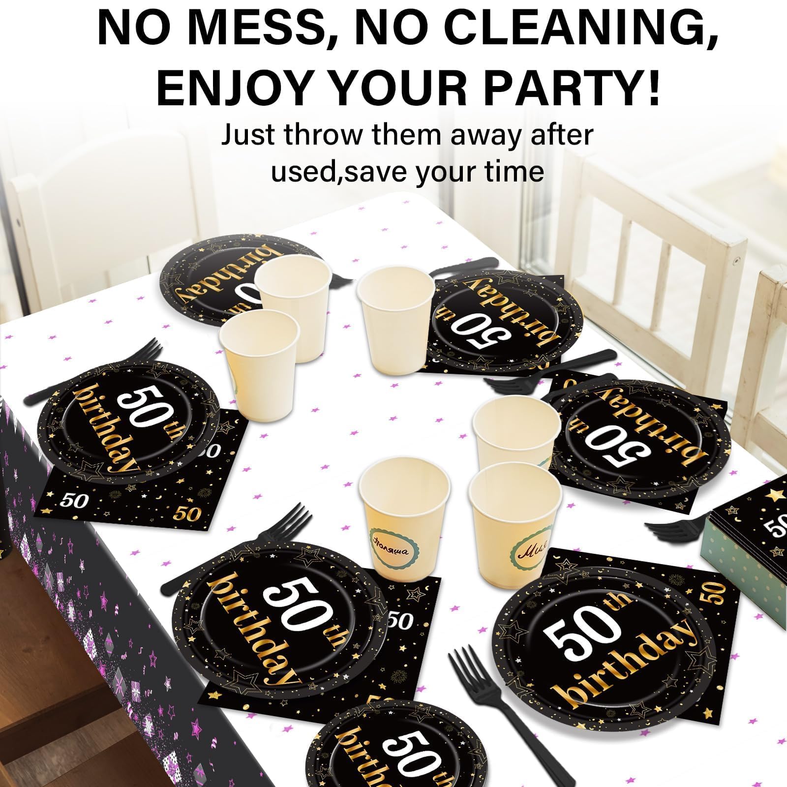 50th Birthday Party Supplies Serves 24 Black and Gold 50 Years Old Party Paper Plates Napkins Cheers to 50 Years Tablecloth Set Tableware Kit for Man Retirement Graduation