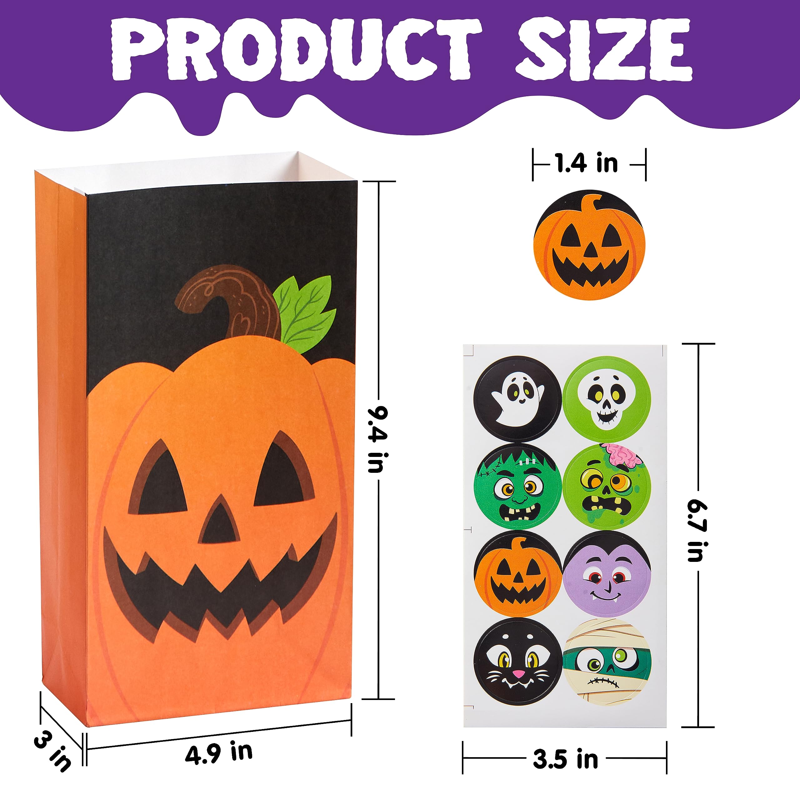 JOYIN 72PCS Halloween Treat Bags, 6 Styles Trick or Treat Paper Bags with Stickers, Halloween Goodie Bags for Kids, Halloween Candy Bags, Halloween Party Favors Decorations