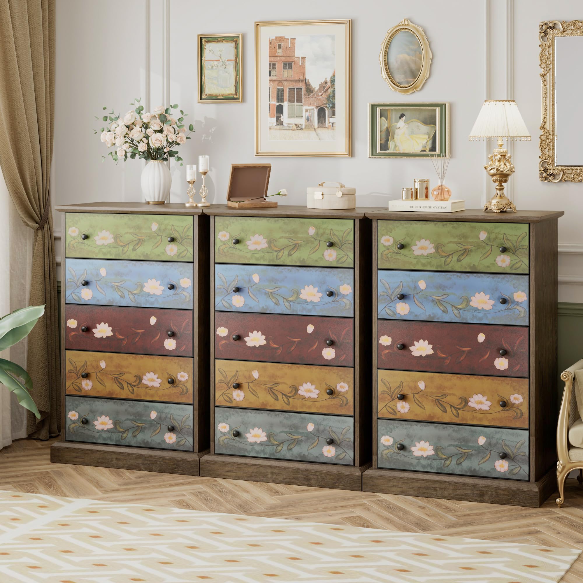 FINETONES 5 Drawer Dresser, Wood Dresser Boho Dresser Chest of Drawers, Tall Dresser with Large Storage Space, 16.3D x 23.6W x 39.4H Inch Wood Dresser Accent Dresser for Home Office