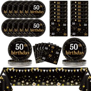 50th birthday party supplies serves 24 black and gold 50 years old party paper plates napkins cheers to 50 years tablecloth set tableware kit for man retirement graduation