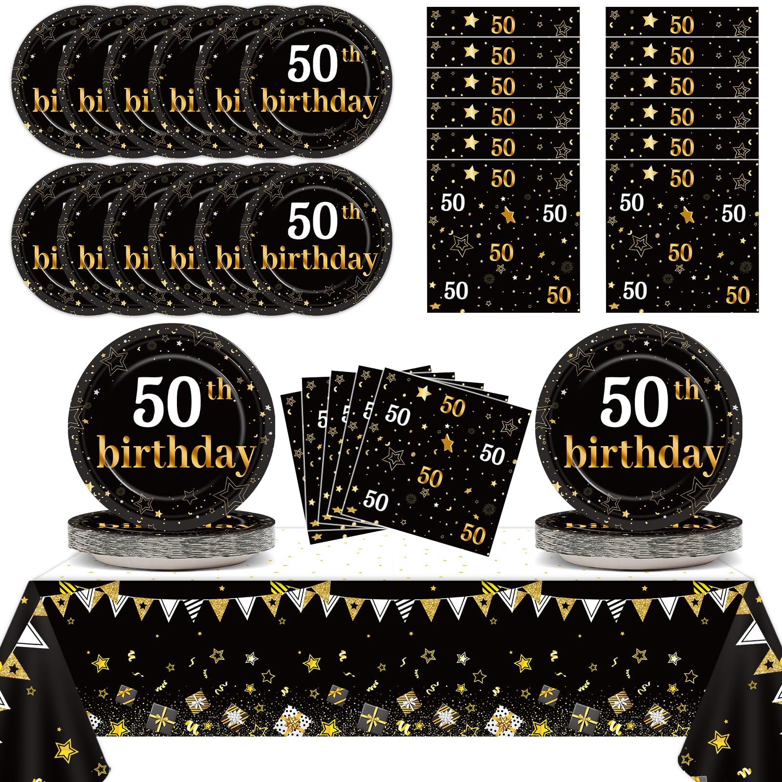 50th Birthday Party Supplies Serves 24 Black and Gold 50 Years Old Party Paper Plates Napkins Cheers to 50 Years Tablecloth Set Tableware Kit for Man Retirement Graduation