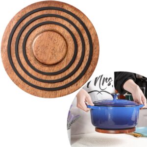 magnetic wooden trivet for le creuset dutch oven, acacia wood with black silicone rings, magnetic pot holder stand pad for le creuset enameled cast iron dutch oven&cast iron skillets etc, wood trivet