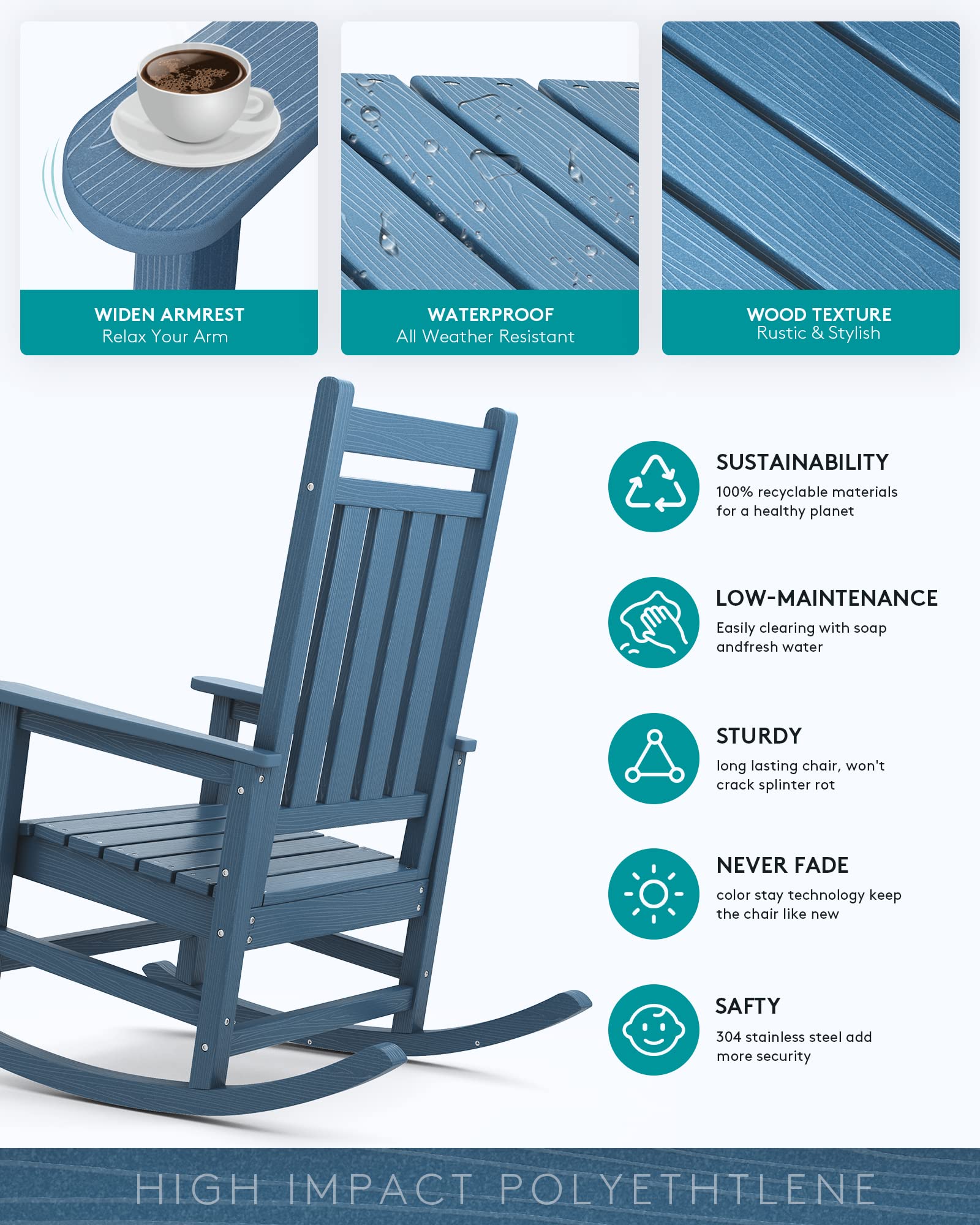 SERWALL HDPE Outdoor Rocking Chair, HDPE Rocking Chair for Adult, Blue