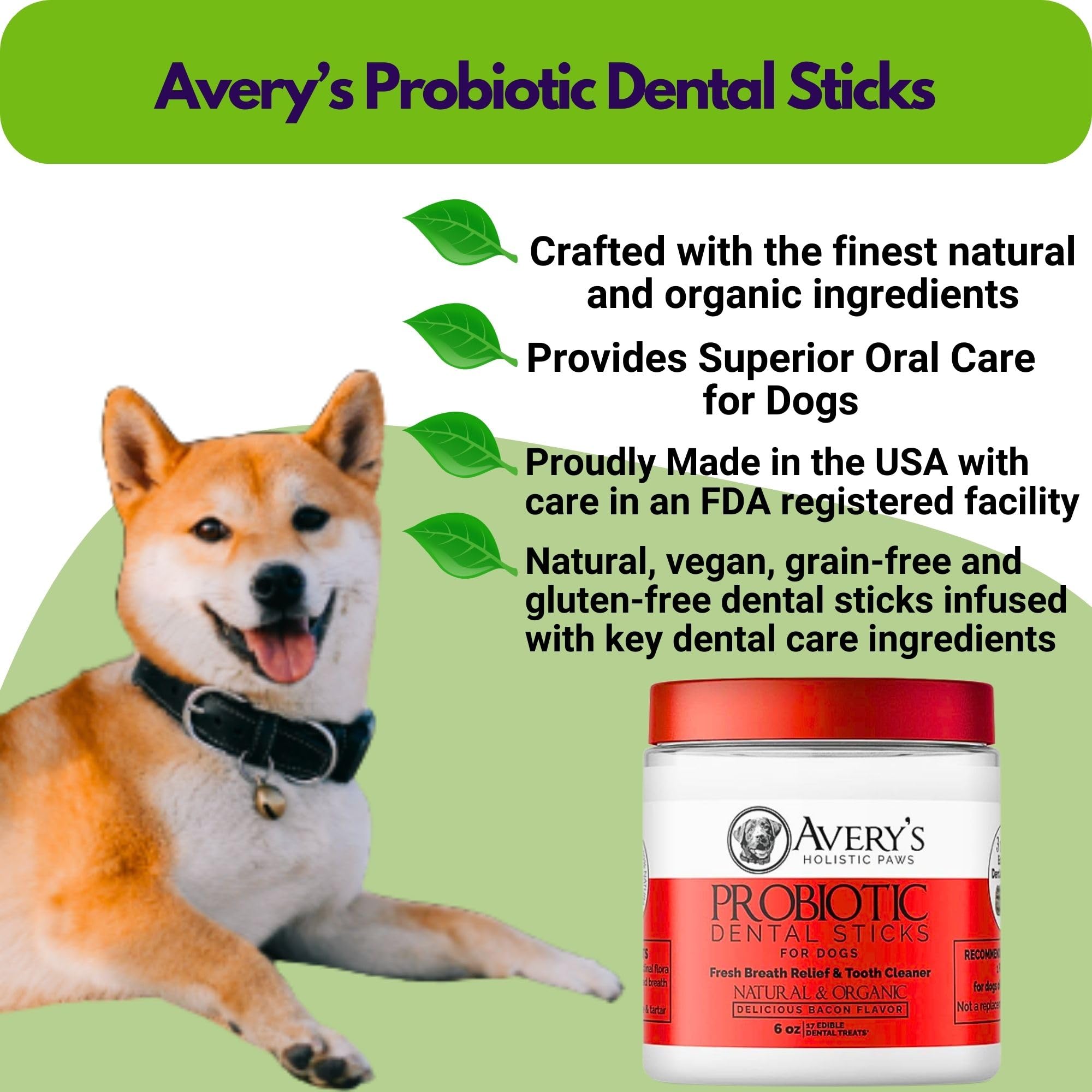 Avery's Holistic Paws Probiotic Dog Dental Treats - Dog Teeth Cleaning, Gut Health, Freshens Breath, 23 Bacon Dog Dental Chews, 3 Inches Each - Natural & Organic Dog Oral Care Treats - Made in USA