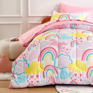 sonive girls twin comforter set, breathable, 5 pieces with 1 comforter(66"x90"), 1 fitted sheet, 1 flat sheet, 1 pillow sham, 1 pillowcase gift choice, rainbow unicorn