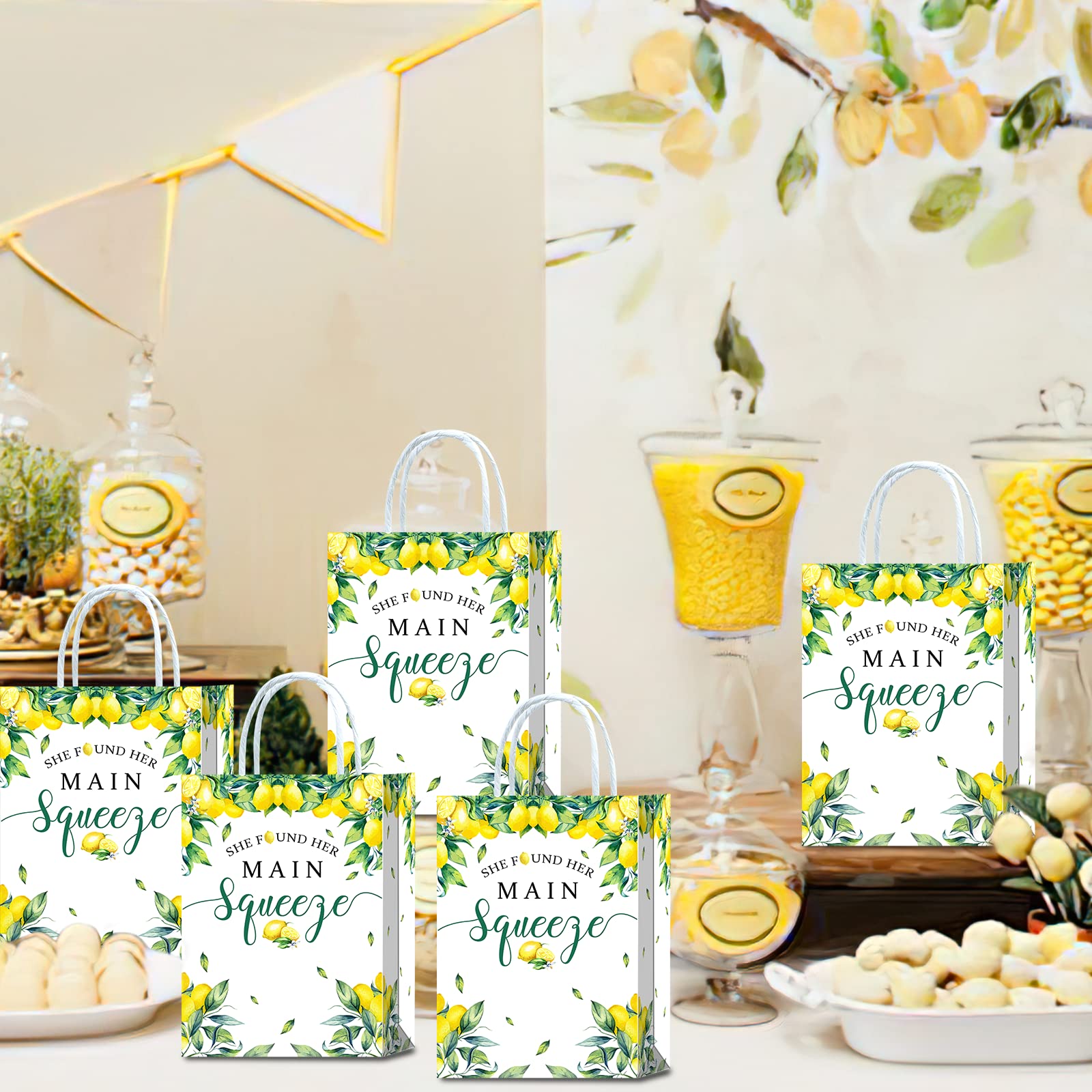 16 Pieces She Found Her Main Squeeze Bridal Shower Party Favors Bags,Lemon Citrus Goody Gift Snacks Treat Candy Party Favors Bags with Handles for Lemon Theme Bridal Shower Party Decorations