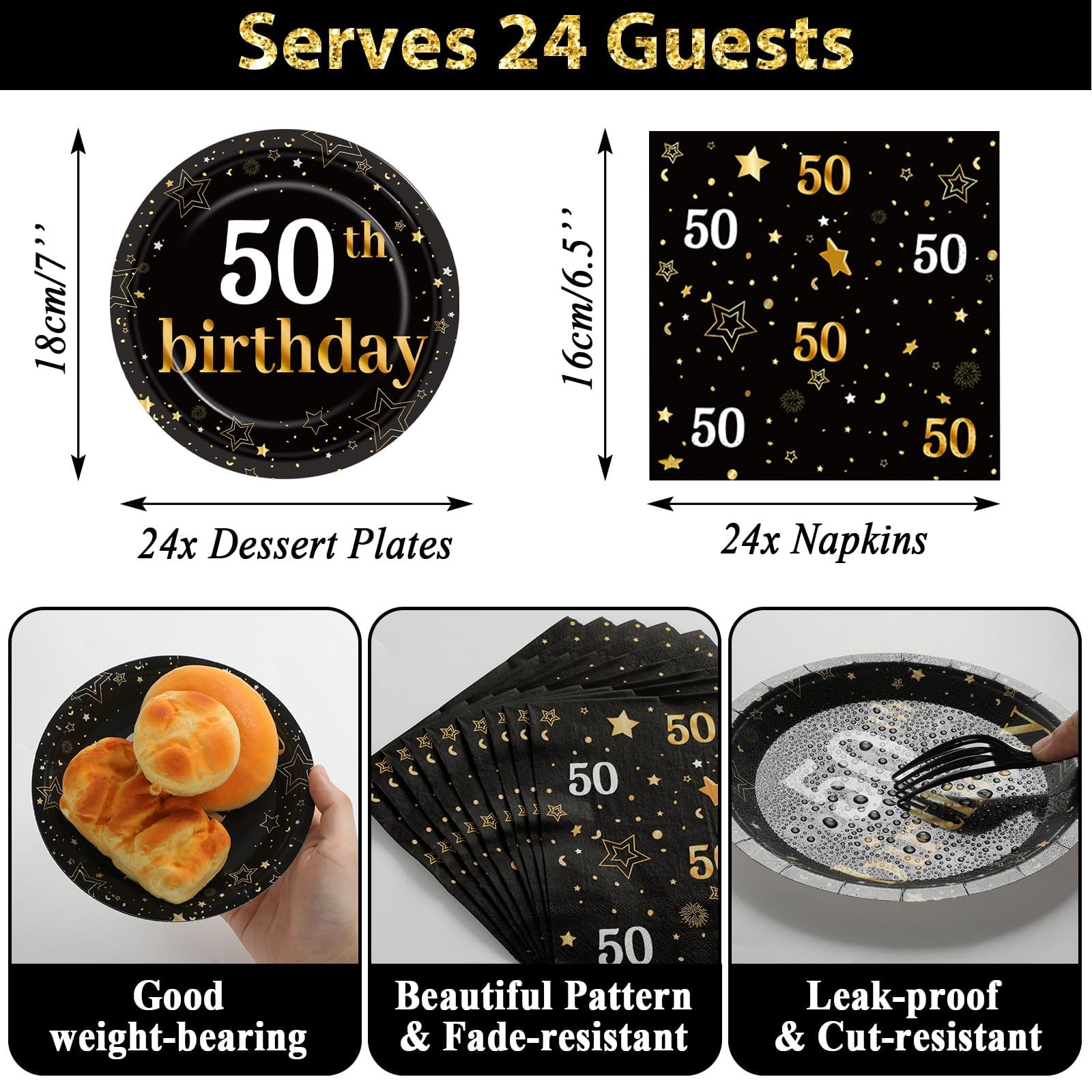 50th Birthday Party Supplies Serves 24 Black and Gold 50 Years Old Party Paper Plates Napkins Cheers to 50 Years Tablecloth Set Tableware Kit for Man Retirement Graduation