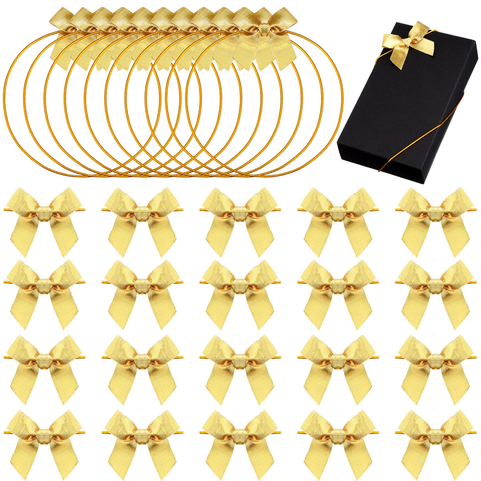 Windyun 60 Pieces Elastic Bows for Gift Boxes Stretch Elastic Loops with Pre Tied Ribbon Bows for Gift Wrapping 15.74 Inches Gift Wrapping Rope for Baby Showers, Weddings(Gold)