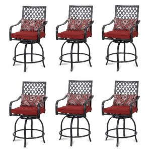 sophia & william outdoor swivel bar stools set of 6 patio bar height dining chairs, all-weather metal furniture set with armrest and cushion for garden lawn backyard, red