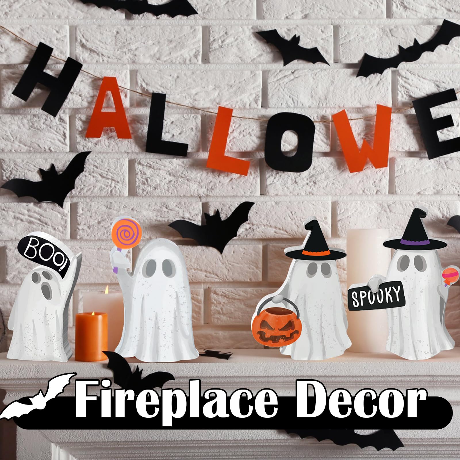 Thyle 4 Pieces Halloween Tiered Tray Decor Halloween White Ghosts Wooden Signs Wood Cute Ghost Figurine Farmhouse Boo Spooky Table Sign for Kitchen Decoration Home Table Centerpiece Party Supplies