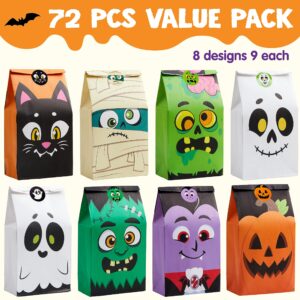 JOYIN 72PCS Halloween Treat Bags, 6 Styles Trick or Treat Paper Bags with Stickers, Halloween Goodie Bags for Kids, Halloween Candy Bags, Halloween Party Favors Decorations