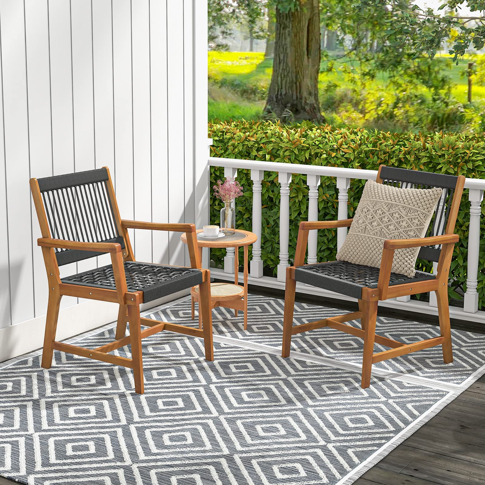 Tangkula Outdoor Acacia Wood Dining Chairs Set of 4, All-Weather Rope Woven Patio Chairs with Armrests, Outdoor Armchairs for Patio, Lawn, Garden, Backyard (2)