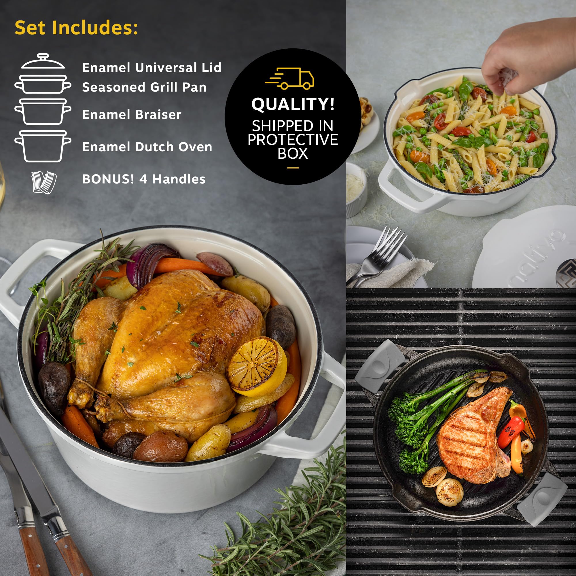 NATIVO 5pc Stackable Cast Iron Cookware Set, Versatile Enamel Dutch Oven, Seasoned Grill Pan & Enamel Braiser with Precision Pour Spouts, Universal Lid, Included Spacers/Handle Holders, White Dutch