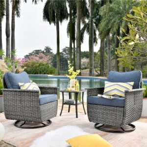 ovios 3 pieces patio rocking swivel chairs with side table, outdoor wicker rattan rocker chair of 2 with high back comfy cushions for porch deck garden (grey wicker-denim blue)