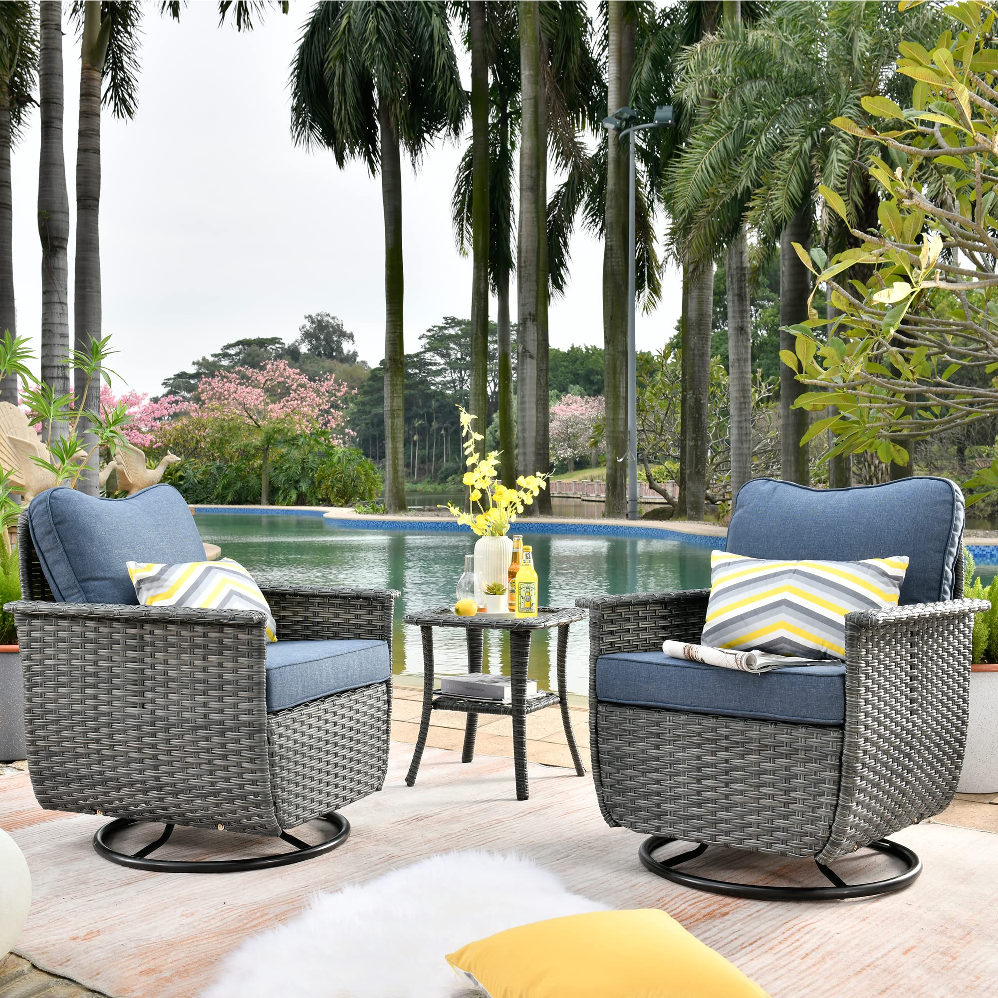 ovios 3 Pieces Patio Rocking Swivel Chairs with Side Table, Outdoor Wicker Rattan Rocker Chair of 2 with High Back Comfy Cushions for Porch Deck Garden (Grey Wicker-Denim Blue)