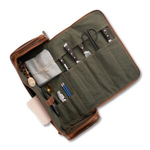 Angus Stoke premium leather knife bag-case, XXL chef's roll bag with huge storage space and extras - waxed vintage buffalo leather, Arvid (Walnut-Brown)