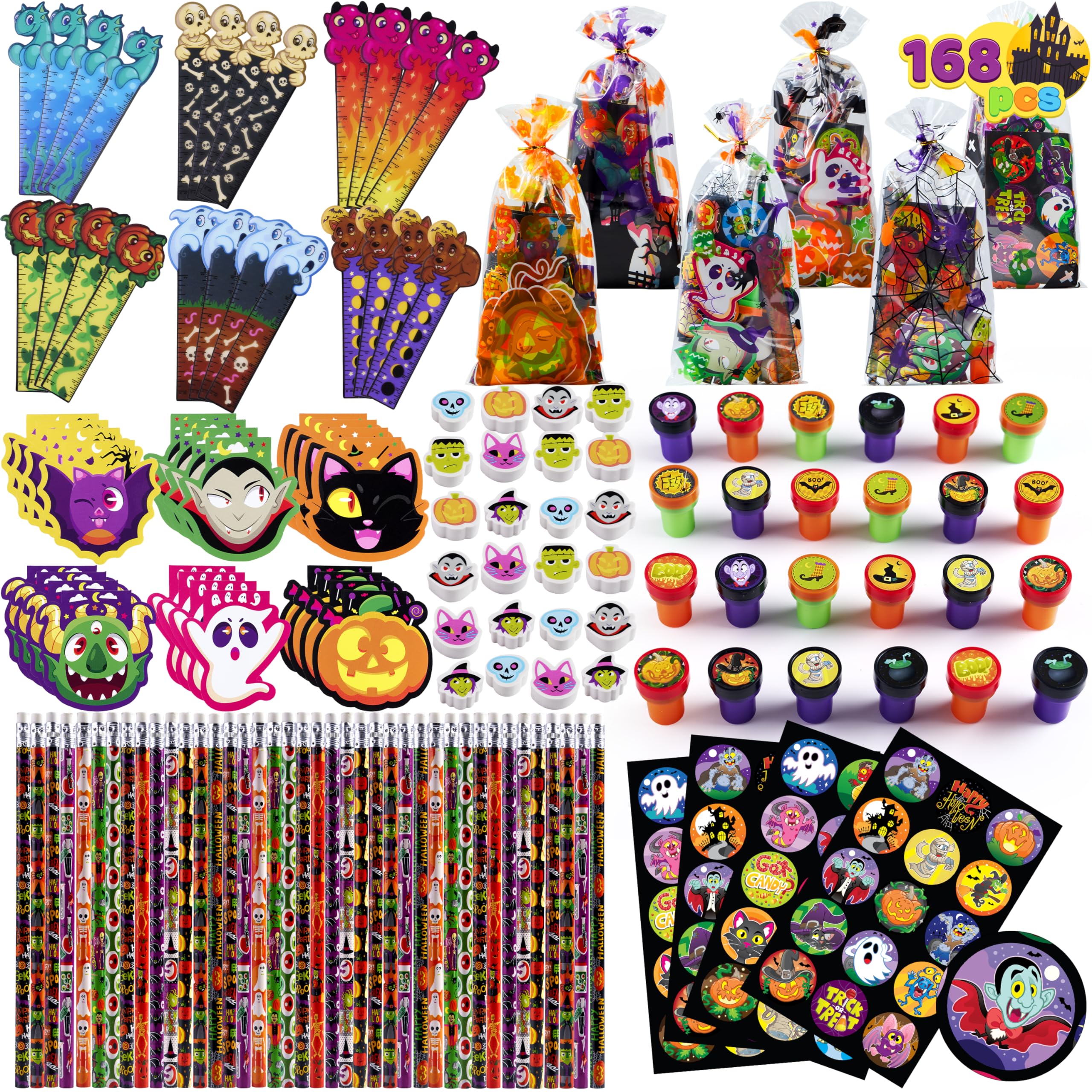 JOYIN 168PCS Halloween Stationery Set, Art Set for Kids' Birthday Gifts, 24 Pack Halloween Themed Stationery Set, Halloween Class Exchange, Party Favors Carnival Game Prizes, Halloween Stationery Gift