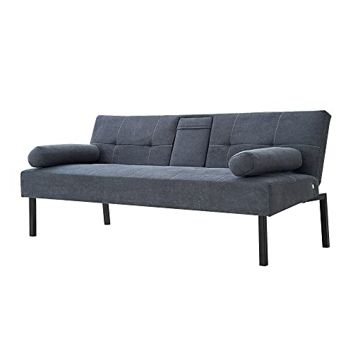 Panana Sofa Bed with Cup Holders,Convertible Sleeper Couch Bed Daybed, Upholstered Linen Fabric Folding Recliner, Futon Sofá, 3 Seaters for Living Room Furniture Sets,5 Positions Recliner in Gray