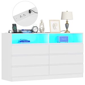 Gyfimoie 6 Drawer Double Dresser with Power Outlet, Accent Chests of Drawers with LED Light, Modern White Storage Dresser with Charging Station (Mirror Not Included)