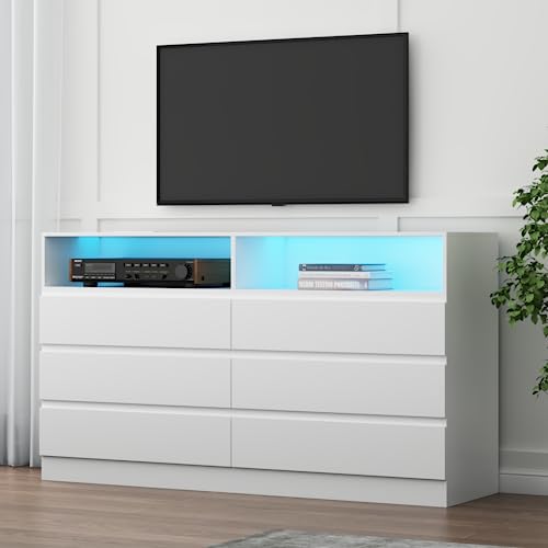 Gyfimoie 6 Drawer Double Dresser with Power Outlet, Accent Chests of Drawers with LED Light, Modern White Storage Dresser with Charging Station (Mirror Not Included)