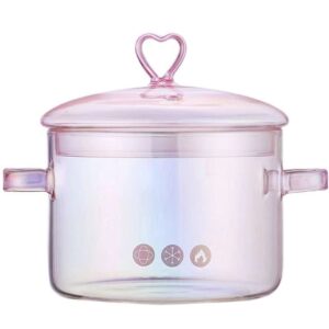 pink glass saucepan with lid and handle, 1.5l/50oz glass cooking pot, glass cooking saucepan safe for pasta noodle, soup, milk, baby food