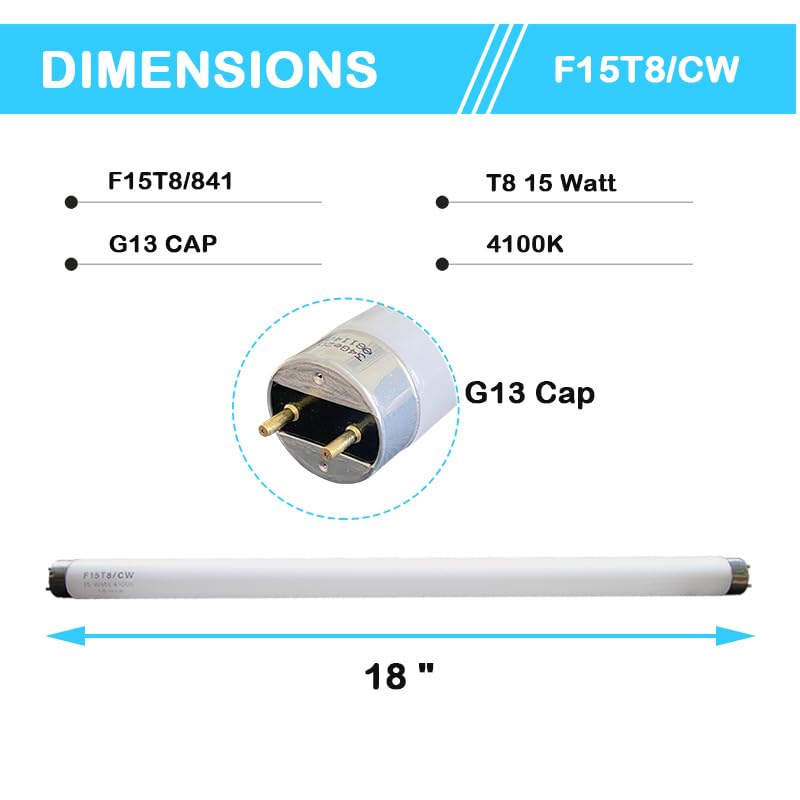 18" F15T8/CW RV Fluorescent Light Bulb,T8 15 Watt Cool White Tube,Replacement Bulb for Philips Alto ECO GE Staco Light Fixture,G13 Bi-Pin Base,4100K (4PACK)