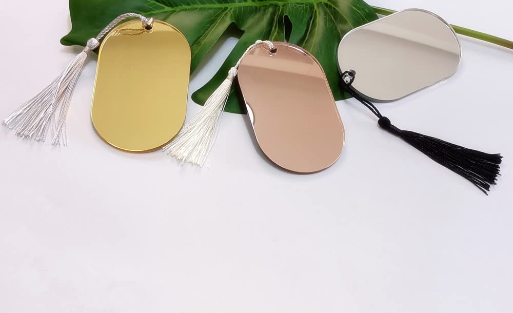 Yuxuanish Set of 12 Acrylic Luggage Tag,Mirrored Acrylic Place Cards Blanks with Tassels,DIY Oval Wedding Guest Name Cards,Acrylic Name Place Card (Silver Mirror)