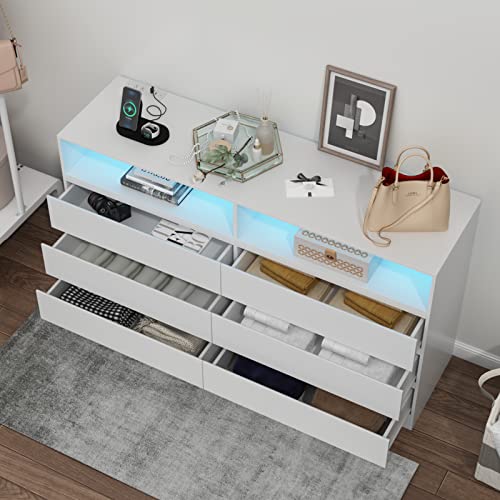 Gyfimoie 6 Drawer Double Dresser with Power Outlet, Accent Chests of Drawers with LED Light, Modern White Storage Dresser with Charging Station (Mirror Not Included)