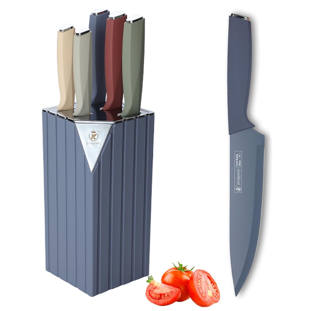 Knife Set, 6 Pcs Color-Coded Kitchen Knife Set with Block, 5 Color Anti-Rust Coating Stainless Steel Chef Knife Set, Super Sharp Kitchen Knives with Stand, Cooking Knives for Kitchen with Gift Box