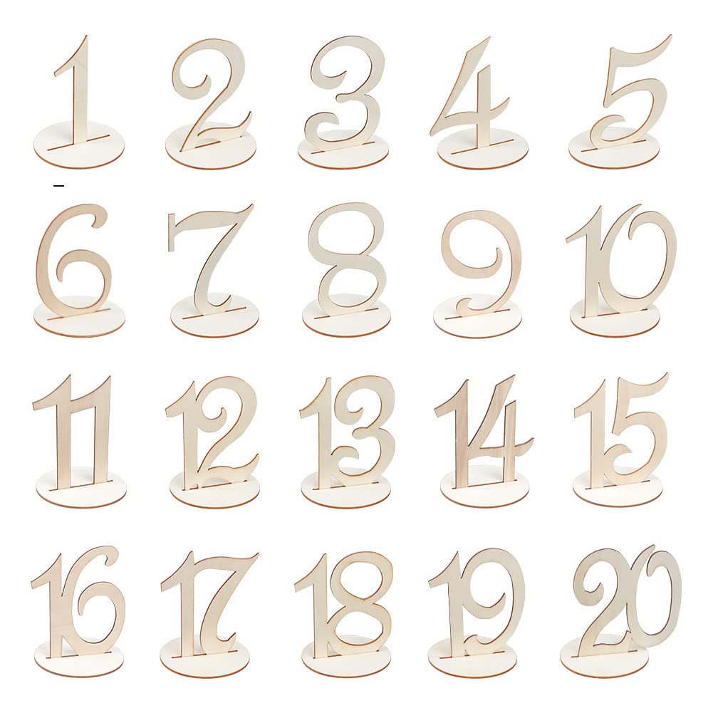 FINGERINSPIRE 20PCS Wood Table Numbers with Holder Base 3.9 inch Tall Wooden Numbers 1-20 Number Shape Wooden Table Decoration Wedding Party Reception Seat Numbers for Party Catering Event