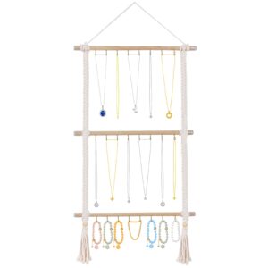 hutuzldz hanging jewelry organizer, macrame necklace holder with 30 hooks, wall mounted necklace rack with tassel for girls bracelet earrings headband bow display (macrame)