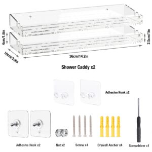 NiHome Clear Acrylic Shower Shelves 2-Pack, Stick On Shower Shelf with Hooks & Mounting Accessories, Clear Shower Caddy, Self Adhesive Shower Shelves for Bathroom, Kitchen, Bedroom - Superior Drainage