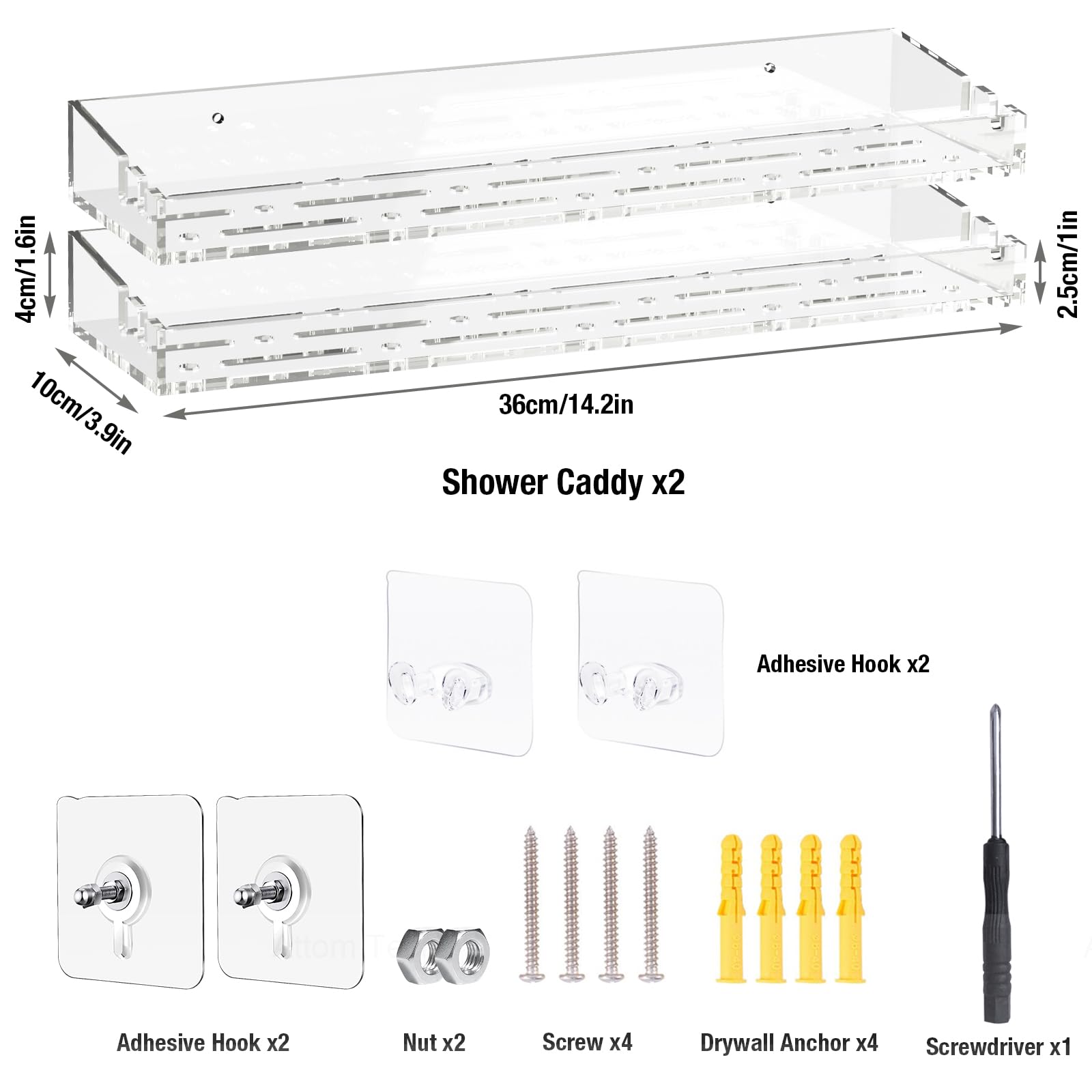 NiHome Clear Acrylic Shower Shelves 2-Pack, Stick On Shower Shelf with Hooks & Mounting Accessories, Clear Shower Caddy, Self Adhesive Shower Shelves for Bathroom, Kitchen, Bedroom - Superior Drainage