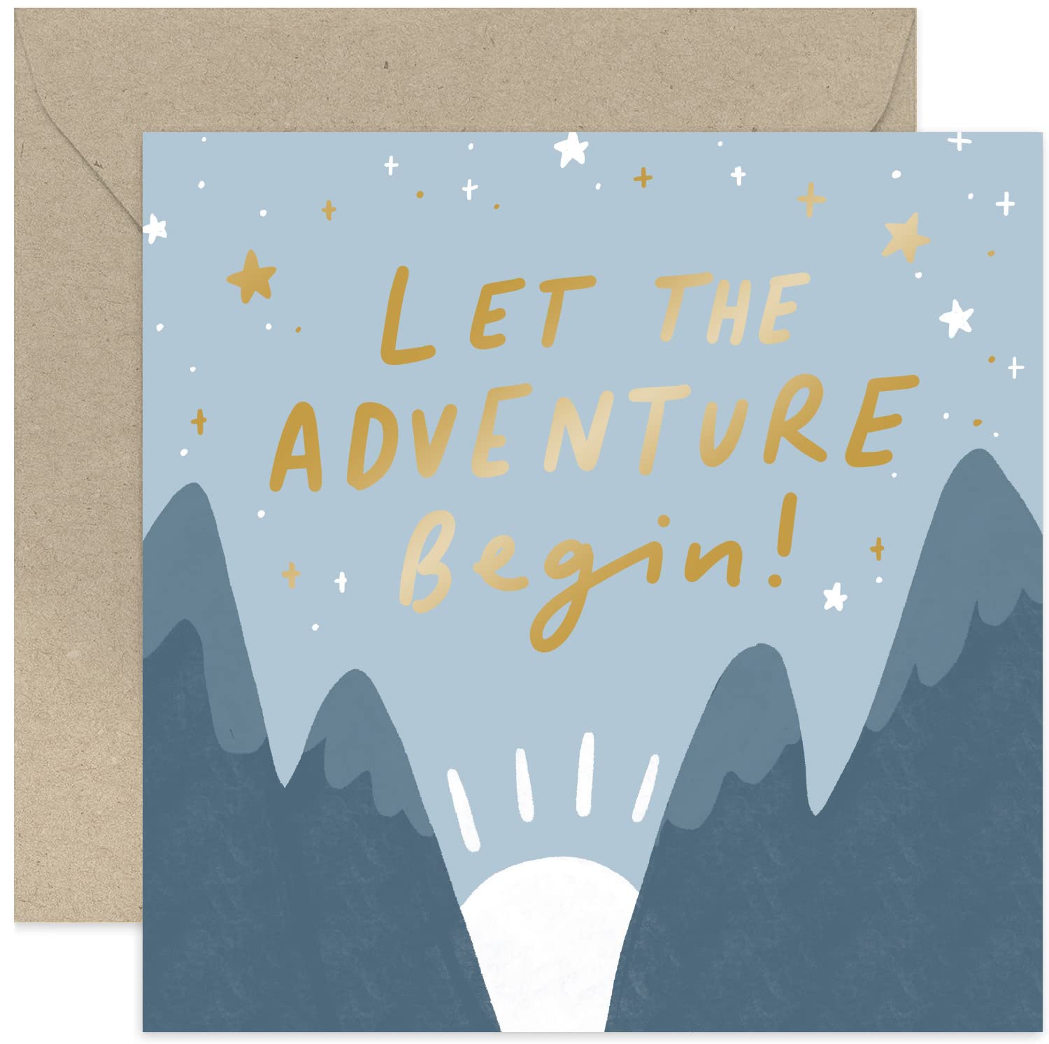 Old English Co. Let The Adventure Begin Good Luck Card for Him Her - Well Done New Job, Graduation, Leaving, Retirement, Moving Card - Gold Foil Mountain Design | Blank Inside with Envelope