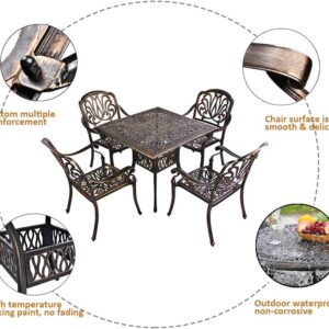 Sumshadow 5-Piece Cast Aluminum Outdoor Patio Dining Set, All Weather Cast Aluminum Outdoor Furniture Dining Set for Patio, Balcony, Lawn, Garden, Backyard w/4 Chairs and Cushions, 2.0" Umbrella Hole