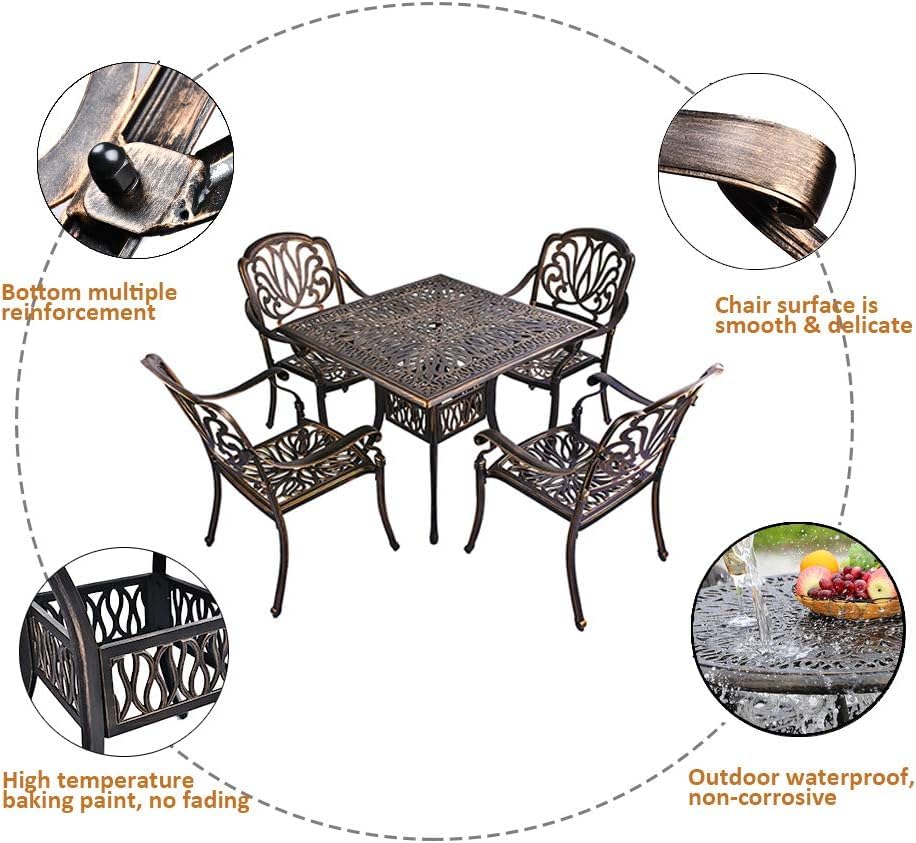 Sumshadow 5-Piece Cast Aluminum Outdoor Patio Dining Set, All Weather Cast Aluminum Outdoor Furniture Dining Set for Patio, Balcony, Lawn, Garden, Backyard w/4 Chairs and Cushions, 2.0" Umbrella Hole