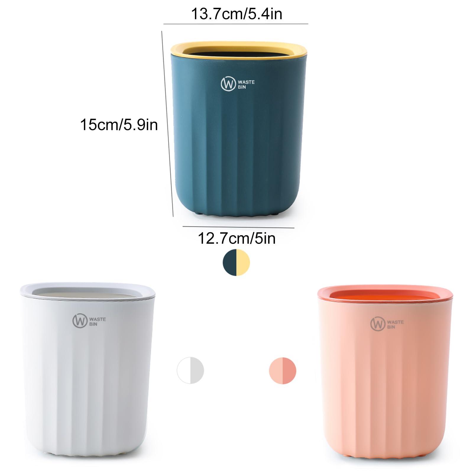 QLFJ-FurDec 3 Pcs Mini Trash Can with 180 Trash Bags, Tiny Desktop Wastebasket, Small Plastic Countertop Garbage Can Storage Basket for Bedroom, Bathroom, Kitchen, Office Tabletop(White + Blue + Pink)