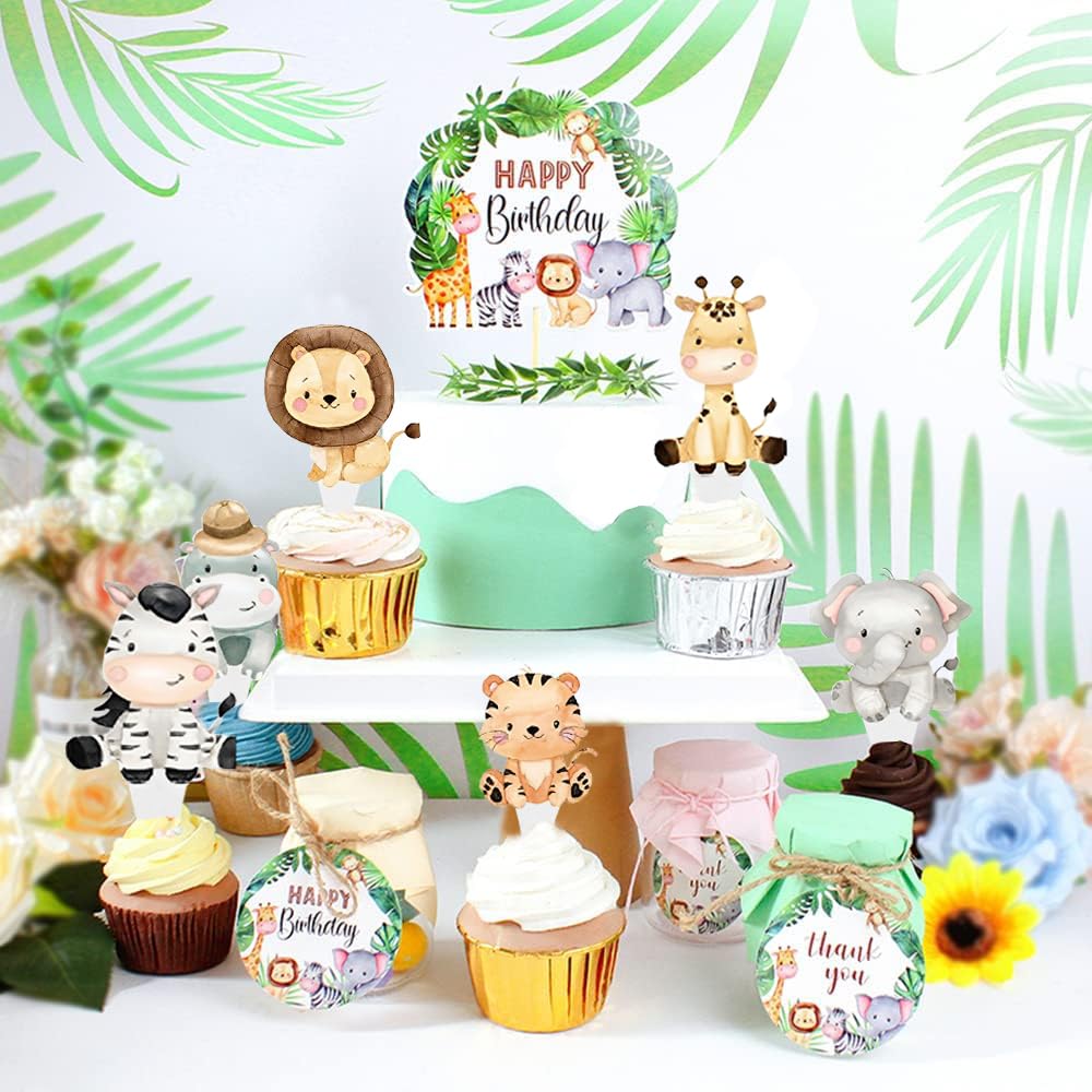 LXASIY 24Pcs Jungle Safari Animal Cupcake Toppers Happy Birthday Cake Decor for Jungle Theme Baby Shower Kids Birthday Party Wild One Cake Decorations Supplies